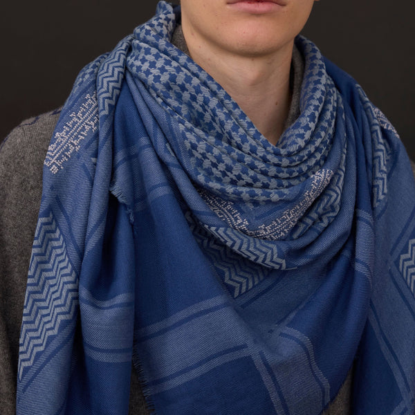 BLUE MERINO WOOL & SILK KEFFIYEH SHAWL IBRAHIM – SEP Textiles UG